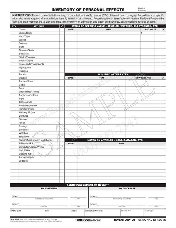 Printable Patient Belongings Inventory Form - Printable Forms Free Online Printable Patient Belongings Inventory Form - Printable Forms Free Online